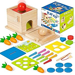 5-in-1 Wooden Play Kit Montessori Toy - Object Permanence Box, Coin Box, Carrot Harvest, Catch Worm, Shape Sorter - Toddler Learning Toy for Kid Age 1, 2, 3 Year Old, Girl boy Gift for Baby 6-12 Month