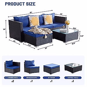 PAOLFOX 5 Piece Modern Patio Conversation Sets, Wicker Patio Furniture, Black/Blue