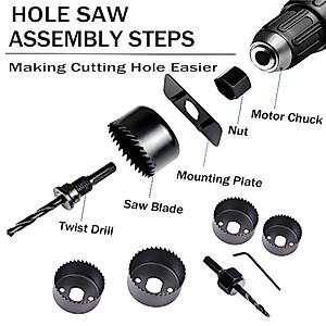 Hole Saw Kit, 6-Piece Set. Specially Constructed Heat Treated Carbon Steel, Metal Hole Saw Kit Mandrels, Ideal for Soft Wood, PVC Board，Wood, Plastic, Drywall