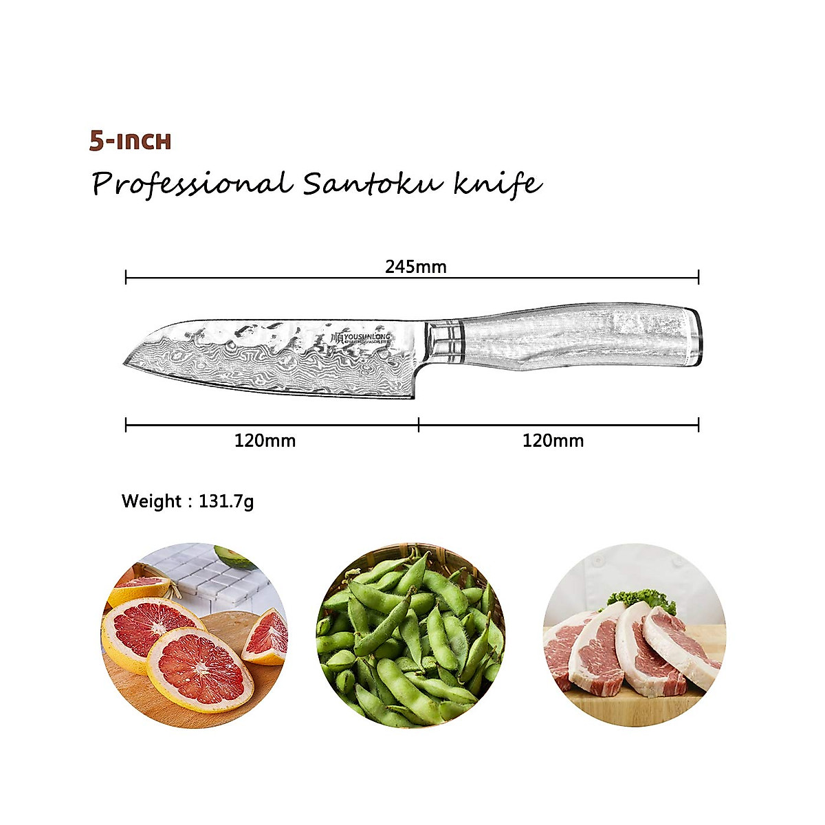 YOUSUNLONG Santoku Knife 5 inch Cutlery Knives Japanese 67 Layers Hammered Damascus Steel with Natural Leadwood