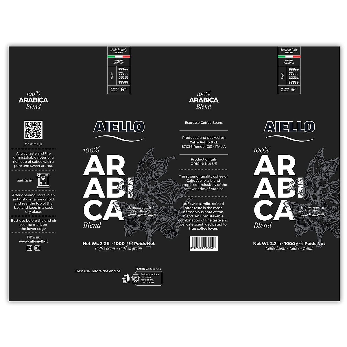 Aiello Caffe Italian Espresso Coffee Beans 2.2 LB Bag Arabica Whole Bean Coffee Blend Freshly Roasted and Blended in Southern Italy