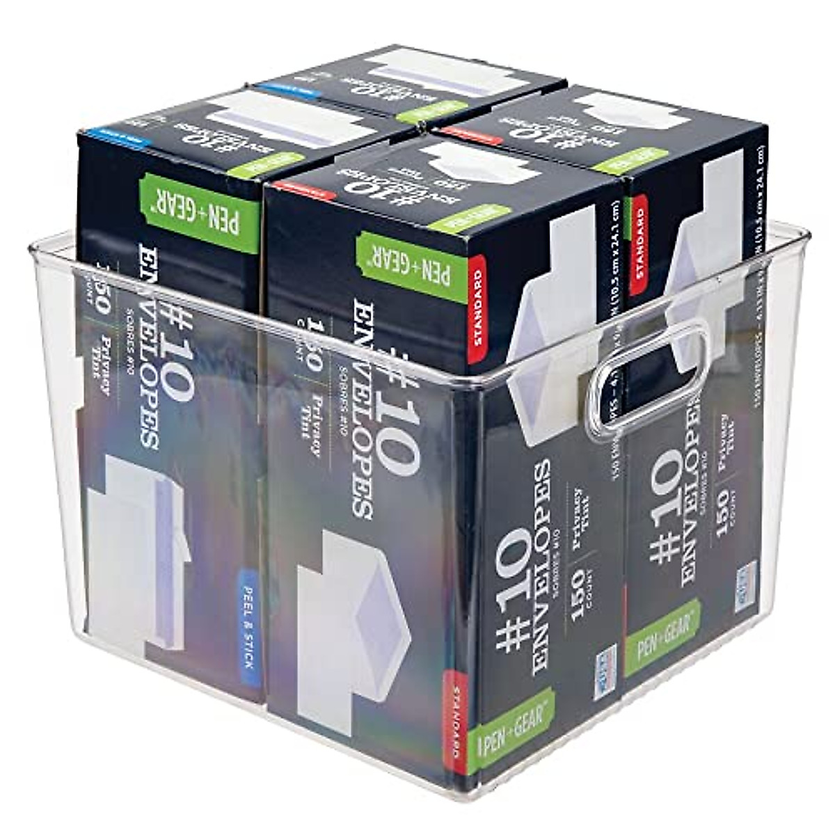 mDesign Small Modern Plastic Storage Organizer Bin Basket with Handle for Home Office Organization - Shelf, Cubby, Cabinet, and Closet Organizing Decor - Ligne Collection - Clear