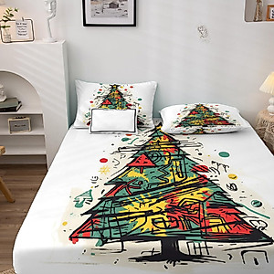 Christmas Tree Sheets Full Size Sheet Sets - Graffiti Bed Sheets, Soft Microfiber & Deep Pocket & Wrinkle Free Patterned Bedding Sheets & Pillowcases, 1 Fitted Sheet, 1 Flat Sheet, 2 Pillow Cases