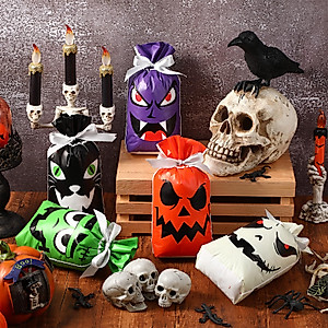 Teenyyou 50 Pcs Halloween Drawstring Treat Bags Halloween Candy Bag Halloween Plastic Snack Bag with Drawstring Halloween Theme Goodie Bag for Halloween Trick or Treat Party Favor Supplies