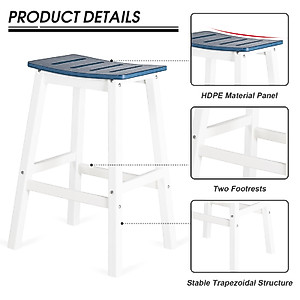Aoodor Outdoor Bar Stools,Set of 2 Bar Chairs, 28 Inch HDPE Patio Counter Height Bar Stools with Footrest for Backyard, Garden, Lawn and Patio - Navy Blue and White