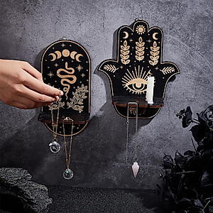 CRASPIRE 2 Sets Small Crystal Shelf Black Hamsa Hand Wooden Display Shelf Holder Evil Eye Magical Witch Stuff Boho Rustic Altar Divination Pendulum Storage Rack for Essential Oil Decor