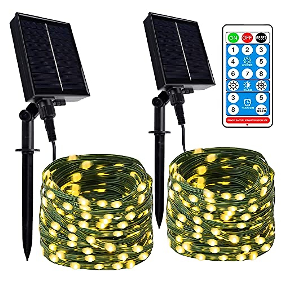 kemooie 2 Pack Outdoor Solar String Lights, 200 LED Upgraded Solar Fairy Lights with Remote, 8 Twinkle Modes Outdoor Christmas Lights for Garden,Christmas, Decorations(Warm White)