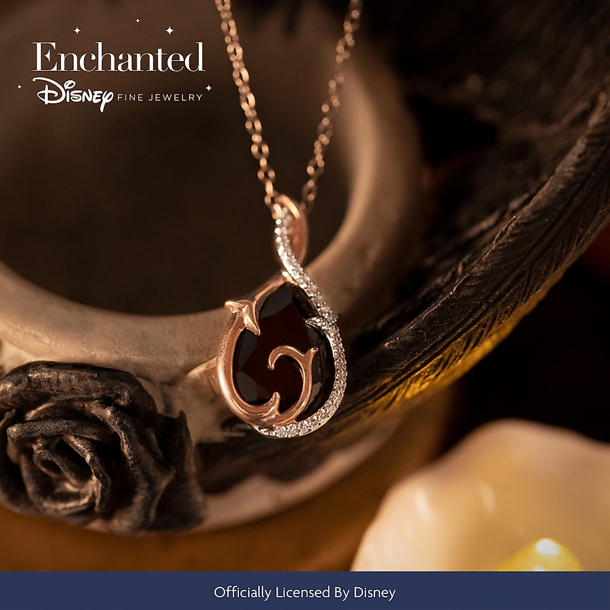 Jewelili Disney Villain Maleficent Inspired Drop Necklace Pendant for Women with 1/10 CTTW Black Spinal and Diamonds in 10K Rose Gold Enchanted Disney Fine Jewelry