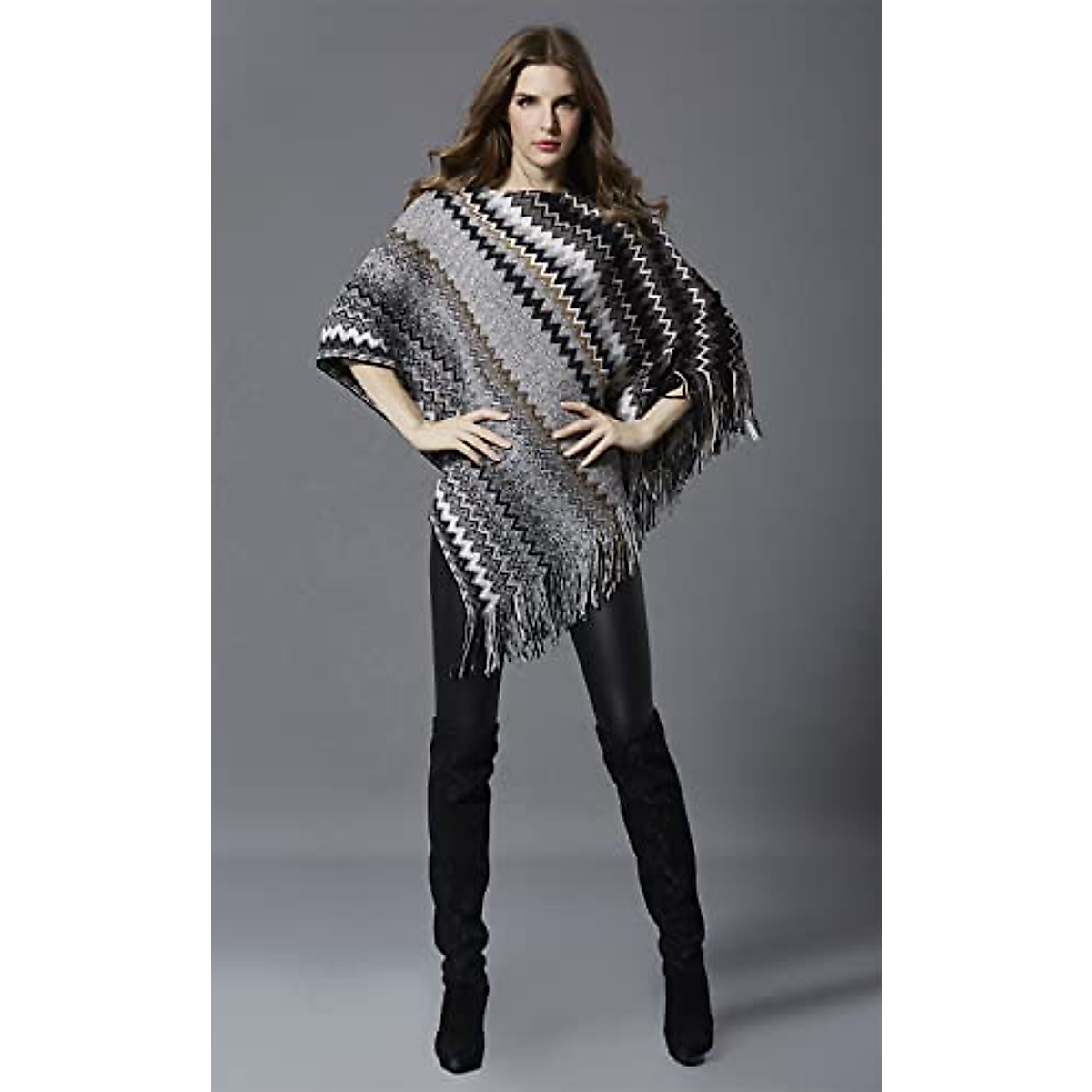 StylesILove Women Autumn Winter Knitted Zig-Zag Pullover Fringe Poncho Sweater Soft Wrap Cape Lightweight Shawl (Black)