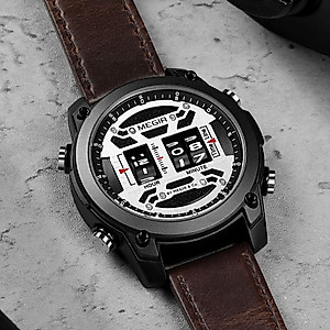 MEGIR New Luxury Drum Roller Watches Men Military Sport Brown Leather Quartz Wrist Watch (Black)
