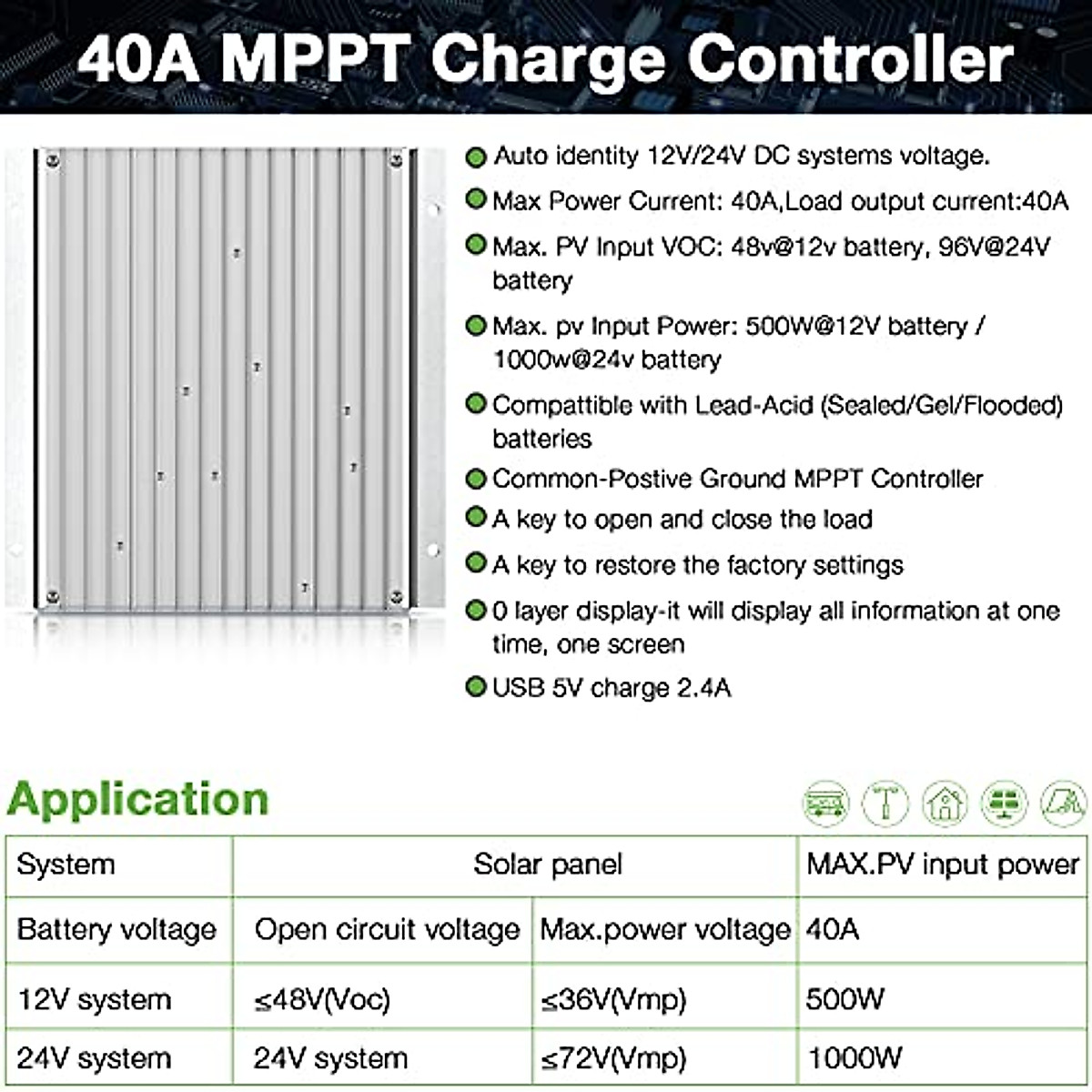 OOYCYOO MPPT Charge Controller 60 amp 12V/24V Auto, 60A Solar Panel Charge Regulator with Blacklight LCD Display Max 100V for Lead-Acid Sealed Gel AGM Flooded Lithium Battery