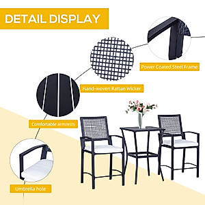 Outsunny 3pcs Patio Bar Set with Soft Cushion, Rattan Wicker Outdoor Furniture Set for Backyards, Lawn, Deck, Poolside