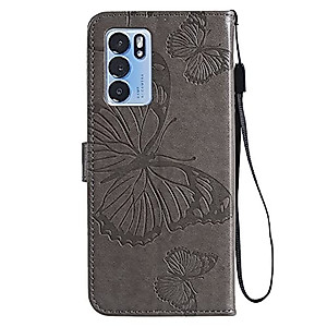 SATURCASE Case for Oppo Reno 6 Pro 5G, Butterfly Embossing PU Leather Flip Magnet Wallet Stand Card Slots Hand Strap Protective Cover for Oppo Reno 6 Pro 5G (Gray)