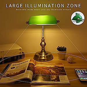 Liylan Green Glass Bankers Desk Lamp,Vintage Desk Lamp Touch Control, 3 Way Dimmable Table Lamp with USB Charging Port, Mid Century Banker's Desk Lamp for Home Office Library Antique Brass