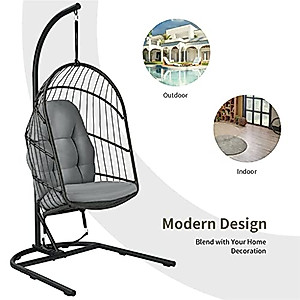 SAWQF Hanging Wicker Egg Chair w/ Stand Cushion Foldable Outdoor Indoor Beige/Gray ( Color : E )