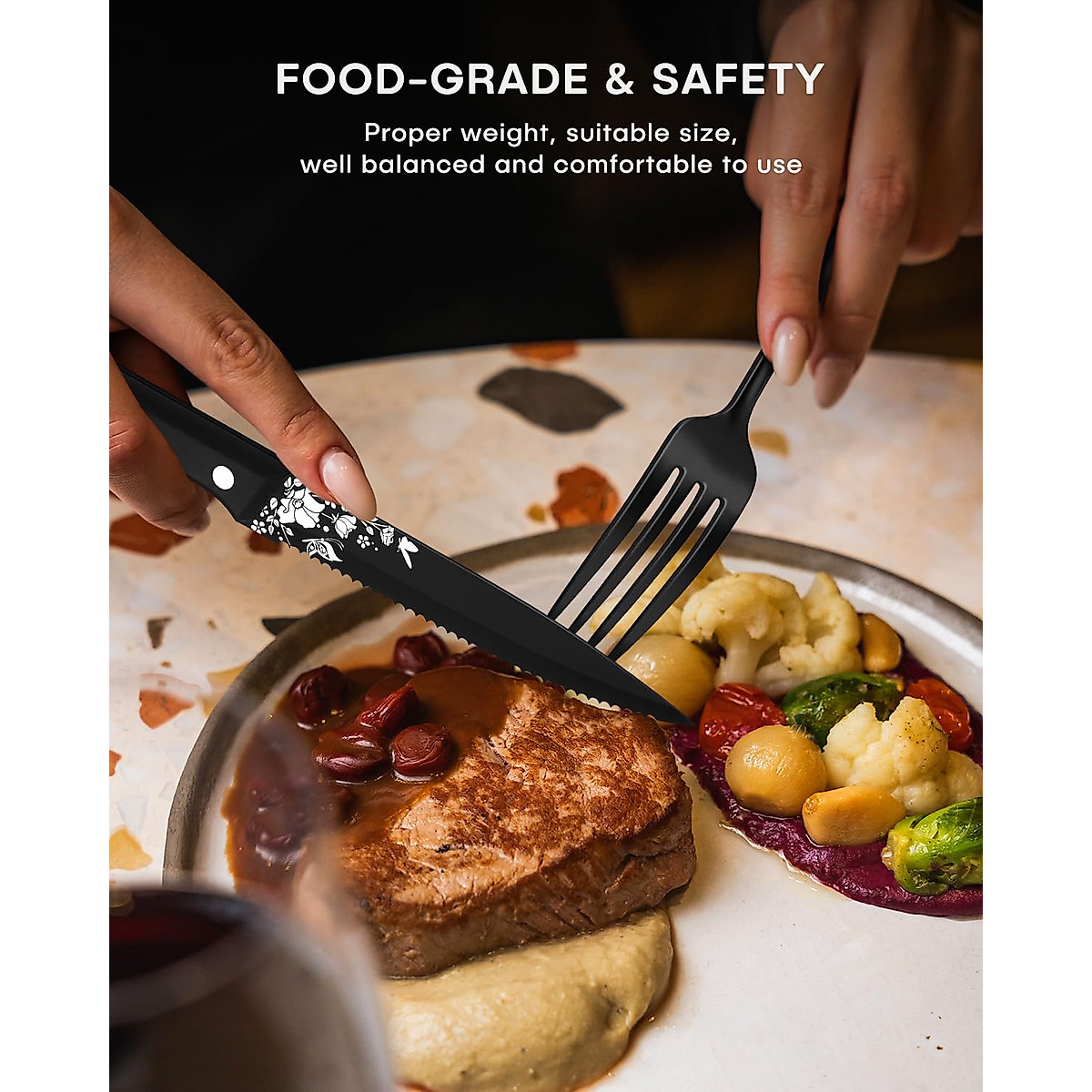 Stapava 48-Piece Black Silverware Set with Steak Knives, Stainless Steel Cutlery Flatware Set for 8, Utensil Sets Include Forks Spoons and Knives for Home Kitchen, Mirror Polished, Dishwasher Safe