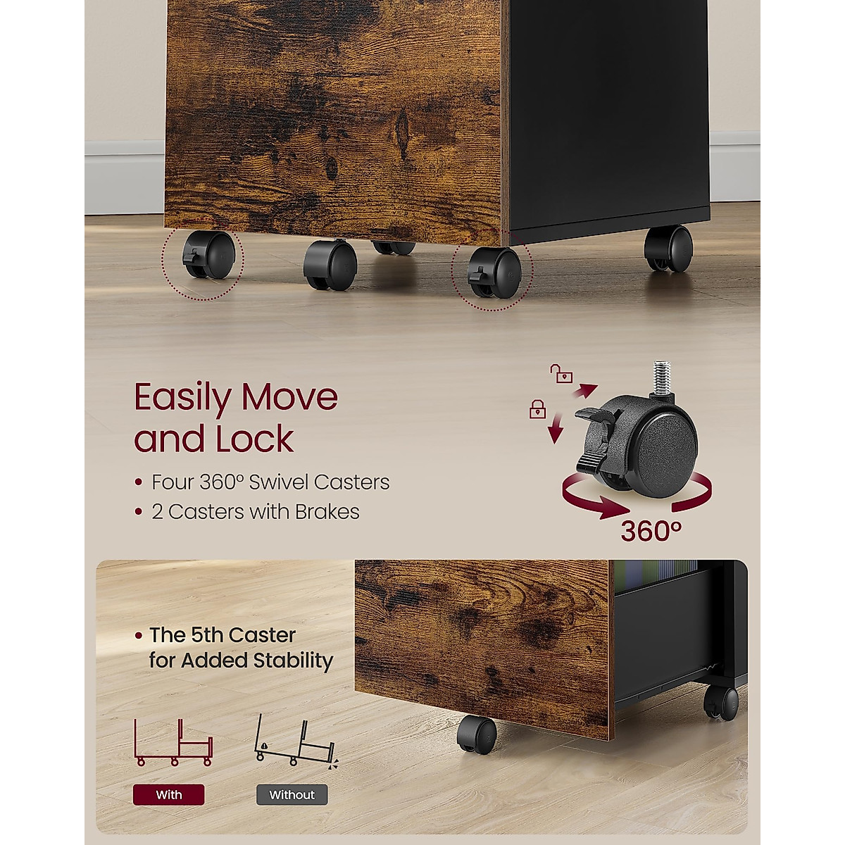 VASAGLE File Cabinet, with 2 Drawers, Mobile Filing Cabinet with Wheels, for A4, Letter Sized Documents, Hanging File Folders, Rustic Brown and Black UOFC040B01