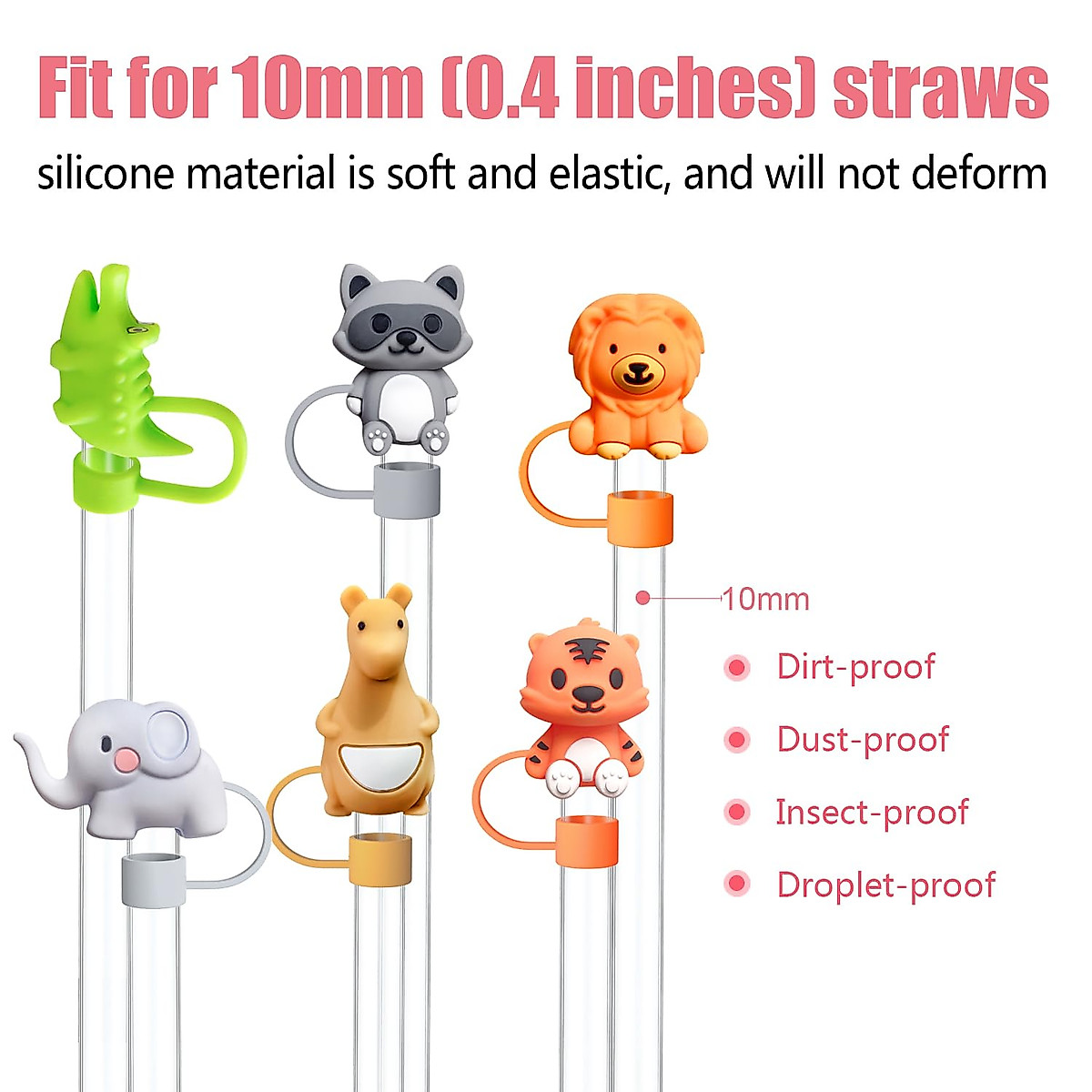 6pcs Animal Cute Silicone Straw Cover Caps for Stanley Cup Straw Topper fit 30&40 Oz Tumbler with Handle 10mm 0.4in Straw Protectors Cup Accessories