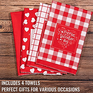 Whaline Valentine's Day Kitchen Towel Red White Dish Towel Heart Love Plaid Dishcloth Large Tea Towel Decorative Holiday Cloth Towel for Valentine's Day Home Kitchen Coking Baking, 4 Designs, 28 x 18