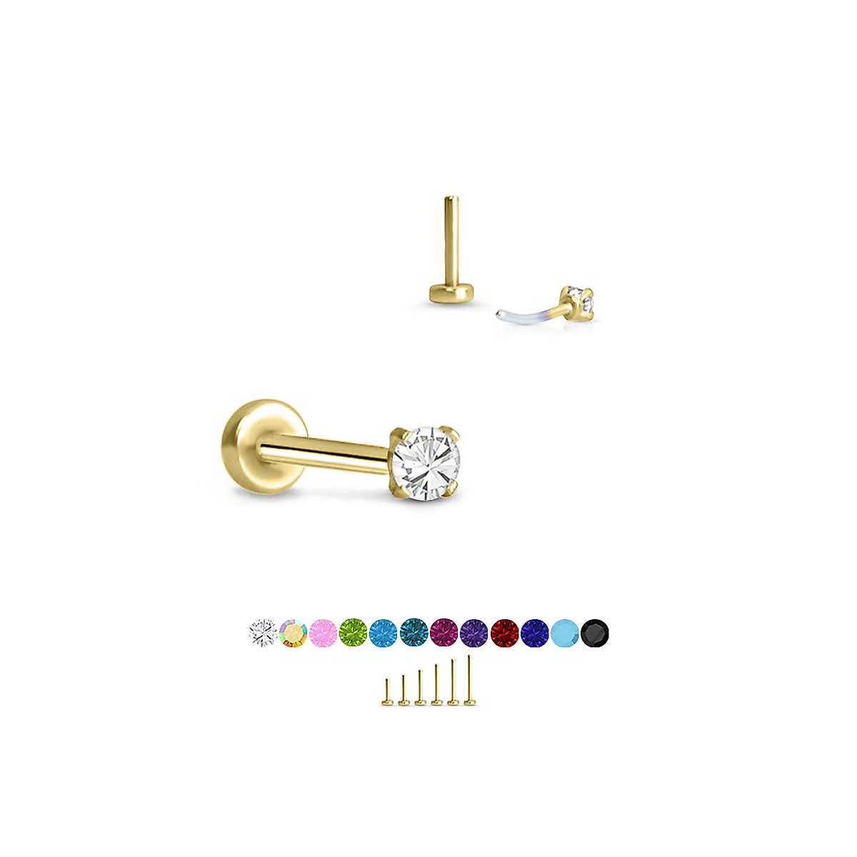 316 Stainless Steel Yellow Gold-Tone Threadless Push Pin Nose Ring Labret Monroe Stud 1.5mm Prong Teal CZ 18G