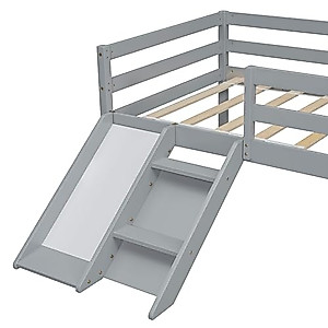 Twin Loft Bed with Slide, Twin Kids Loft Bed with Slide & Ladder, Wood Low Loft Bed Frame with Safety Guardrails, Sturdy Slat Support, Twin Kid Bed Low Loft Bed for Kid, Boys Girls, Grey