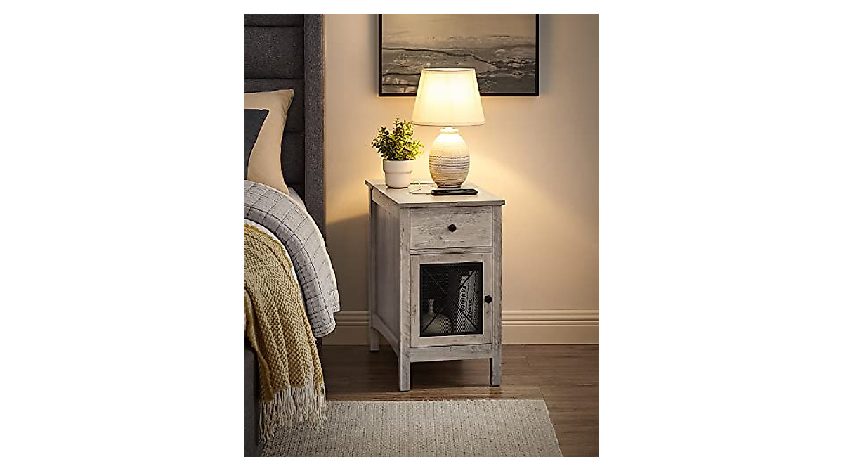 VASAGLE Greige Side Table with USB Ports and Storage