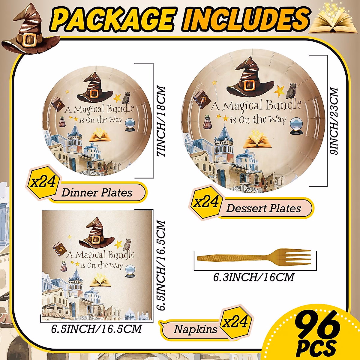 Sunnyray 96 Pieces Magical Wizard Baby Shower Plates and Napkins a Magical Bundle Is on the Way Baby Shower Party Supplies Dessert Plates Napkins Forks for 24 Guests