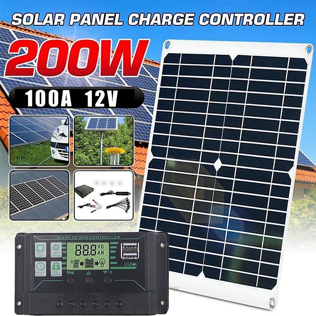 Solar Panel Battery Charger Kit 200W 12V Monocrystalline PV Module for Car RV Marine Boat Caravan Off Grid System with 10A-50A Charge Controller+Extension Cable