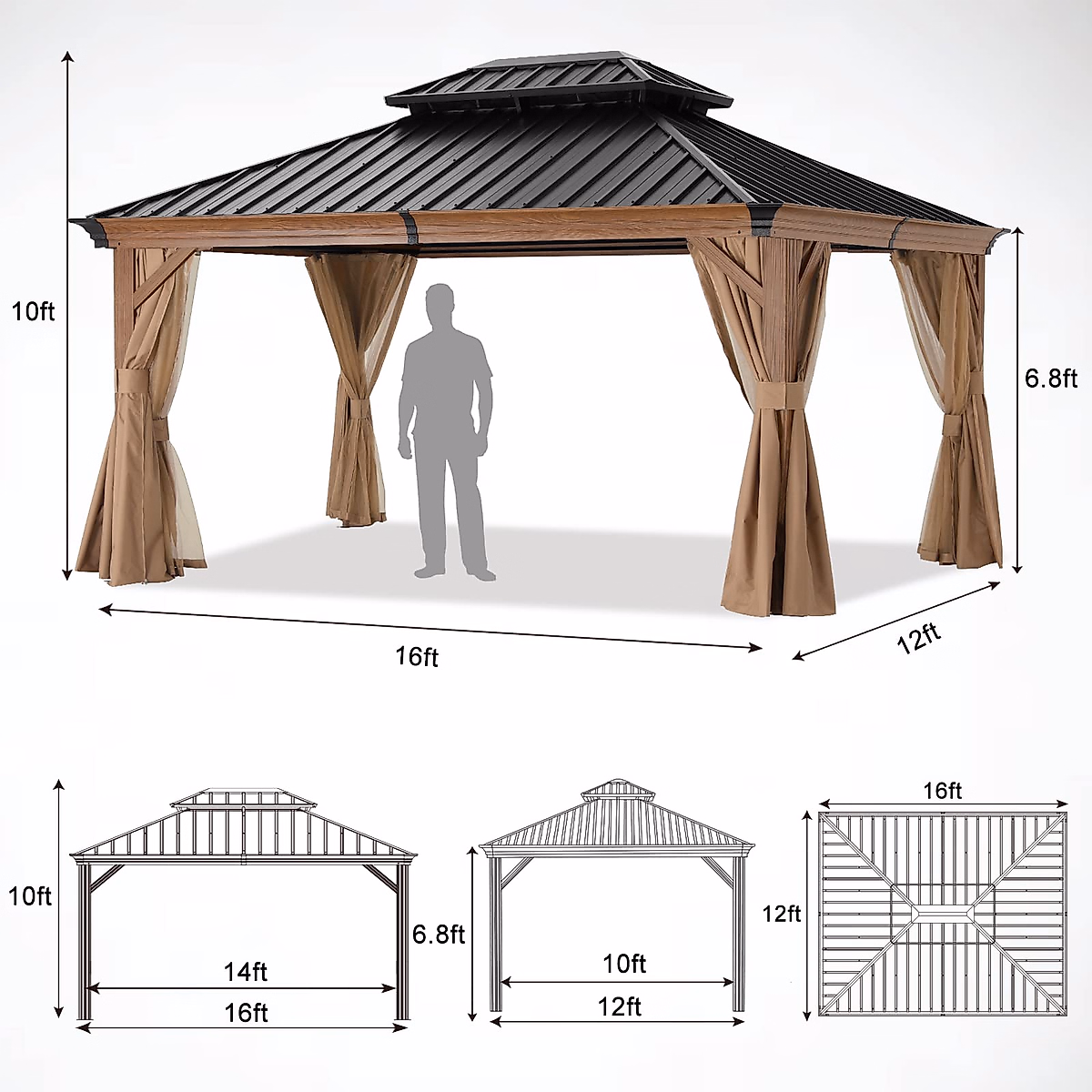 ABCCANOPY Hardtop Gazebo 12x16 - Outdoor Metal Hard Top Gazebo, Permanent Galvanized Steel Aluminum Framed Pavilion with Netting and Curtain for Patio Backyard Lawn Garden (Double Roof, Wood Grain)