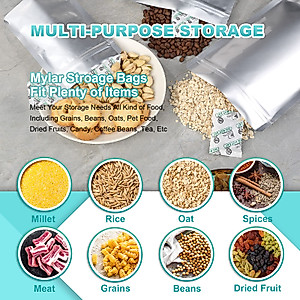 100pcs Mylar Bags for Food Storage with Oxygen Absorbers 400cc (10*10 Packs) and Labels, 10 Mil 10"x14" (30pcs) 7"x10" (30pcs) 5"x7" (40pcs) Stand-Up Zipper Pouches Resealable and Heat Sealable for Long Term Food Storage