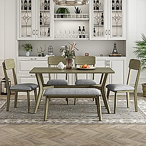 Lifeand Piece, Wooden Dining Table and Fabric Chairs with Bench(Antique Yellow+Gray), Mid-Century Style Set for 6