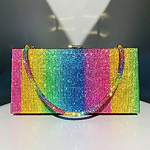 Van Caro Women Rainbow Evening Clutch Bag,Rhinestone Colorful Square Box Shoulder Handbag for Wedding Party Tote Purse,Big Rainbow