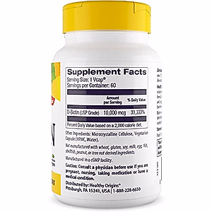 Healthy Origins Ultra-Potency Biotin (B7), 10,000 mcg - Supports Skin, Hair & Nails - High-Grade Vitamin B7 - Non-GMO, Gluten-Free Biotin for Vegans - 60 Veggie Capsules