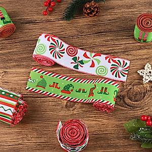 Honic 6 Rolls 30 Yards Christmas Elf Wired Edge Ribbon Elf Hats Legs Multi Dots Stripes Swirl Diagonal Decorative Ribbon for Gift Wrapping Xmas Tree Wreath DIY Crafts