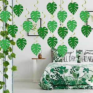 32Pcs Hawaiian Luau Party Decorations Palm Leaves Hanging Swirl,Tropical Safari Jungle Glitter Green Palm Leaves Decorations for Summer Beach Party Baby Shower Ceiling Hanging Foil Swirls