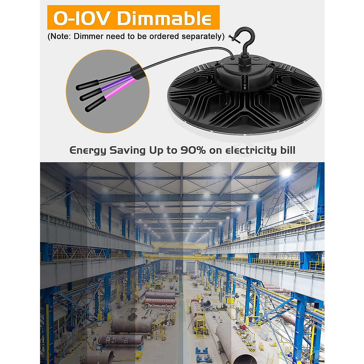 480V UFO LED High Bay Light 240W/200W/150W Adjustable, UL & DLC Listed 5000K Daylight, 33600LM 0-10V Dimmable High Bay Lights IP65 Commercial Bay Lighting Fixture AC277-480V for Warehouse (9 Pack)