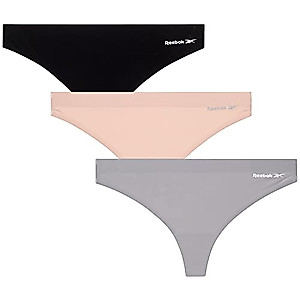 Reebok Women's Thong Underwear - 3 Pack or 6 Pack Performance Stretch Sexy Seamless Thong Panties for Women (Sizes: S-XL), Size X-Large, Black/Rose Dust/Grey - 3pk