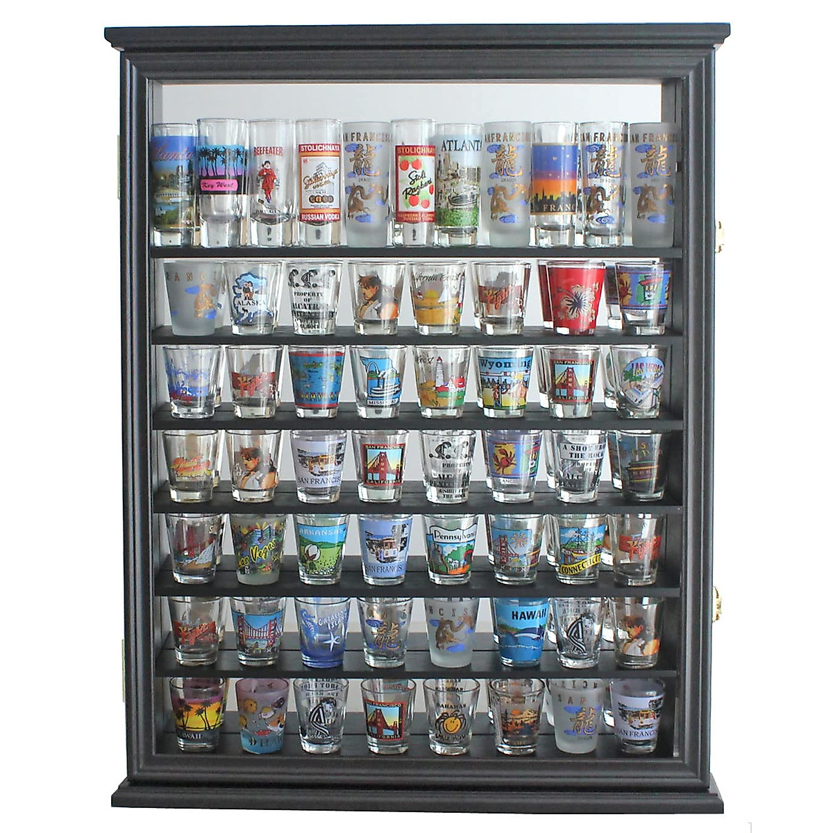 64 Shot Glass Display Case Holder Shot Glass Cabinet, Small Curio Display, Hinged Acrylic Door, Black