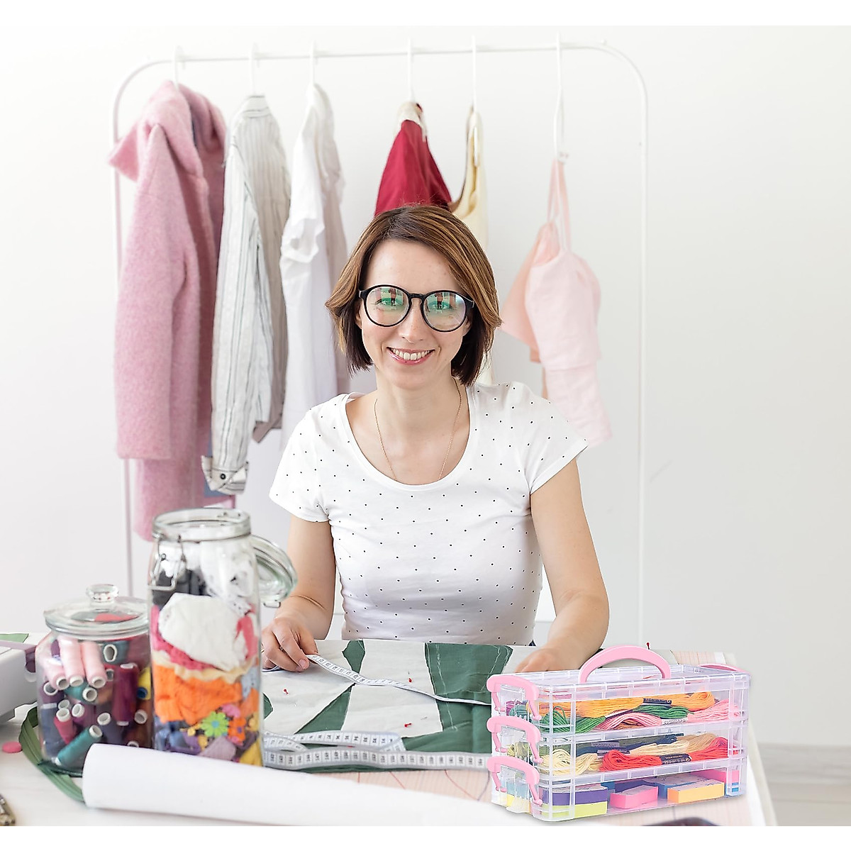 Anstore Storage Bins with Lids, 2 x 3 Tier Stackable Clear Plastic Storage Bins, Storage Container with Handle for Home, Office Supplies and Craft organization and Storage(Pink&Grey)