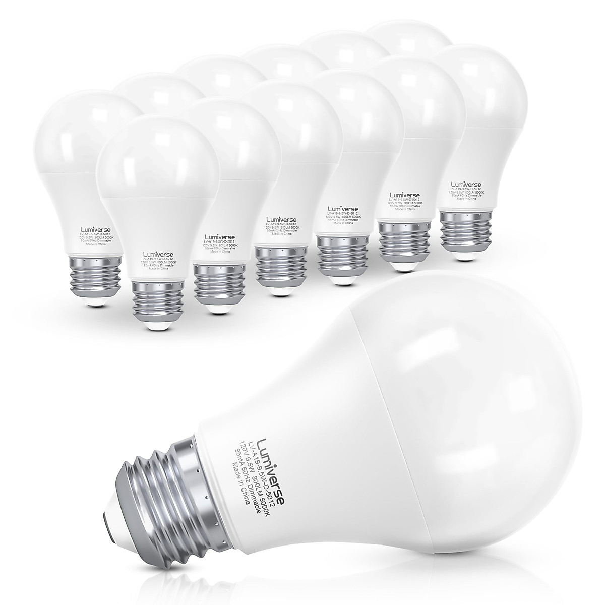 Lumiverse A19 LED Light Bulbs Dimmable, 5000k Daylight White 9.5 Watt [60w Equivalent], E26 LED Bulb Energy Efficient, UL Listed (5000k, Pack of 12)