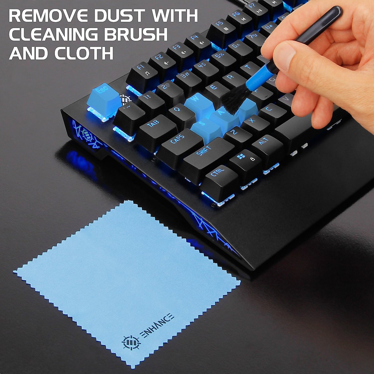 ENHANCE PBT Keycaps Set Doubleshot Key Caps Gaming Keyboard Upgrade Kit - Plastic Backlit Clear WASD Compatible with Mechanical Switches - Keycap Puller, Dust Brush and Microfiber Cloth - Blue