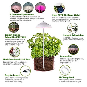 GrowLED Umbrella Herb Garden Grow Light, Height Adjustable, 7ft Cord, 8/12/16 Hours Automatic Timer, 10-Level Brightness, 3 Optional Spectrums, Suitable for Desktop/Large/Hanging Planters, White