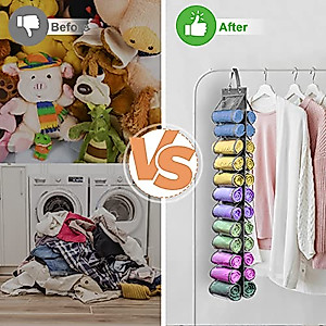 2 Pack Legging Hanging Storage Organizer, HUNTALG Yoga Leggings Space Saving Bag Storage Hanger with 24 Compartment, Foldable Clothes Closets Roll Holder for T-Shirt, Towel, Legging, Jean (Gray)