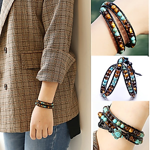 SOFYBJA Leather Wrap Cuff Bracelet Turtle Turquoise and Tiger Eye Beads Handmade Bangle Boho Wristband for Women