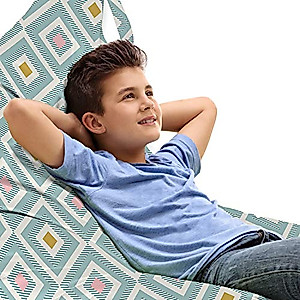 Lunarable Geometric Lounger Chair Bag, Intricate Squares Along Horizontal Stripes Mint and Coral Tones, High Capacity Storage with Handle Container, Lounger Size, Pale Seafoam and Multicolor