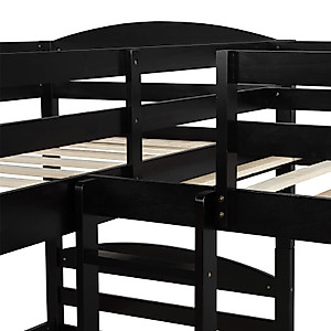 Bellemave Quad Bunk Bed with Trundle L-Shape Bunk Bed Twin Over Twin Corner Bunk Bed for 4 or 5 Kids Boys Girls Teens, Espresso
