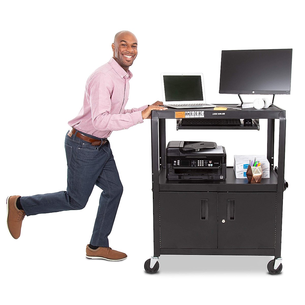 Line Leader Extra Wide AV Cart with Locking Cabinet, Rolling Computer Desk, Height Adjustable Utility Cart with Pullout Keyboard Tray & UL-Listed Power Strip, Great for Projectors (42 x 32 x 20in)