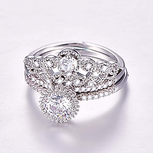 Narica Silver Plated Round Cut Created White Topaz CZ Cubic Zirconia Filled Halo Wedding Engagement Crown Ring 2PCS Women's Band Set for Mom Lover Gift 8#