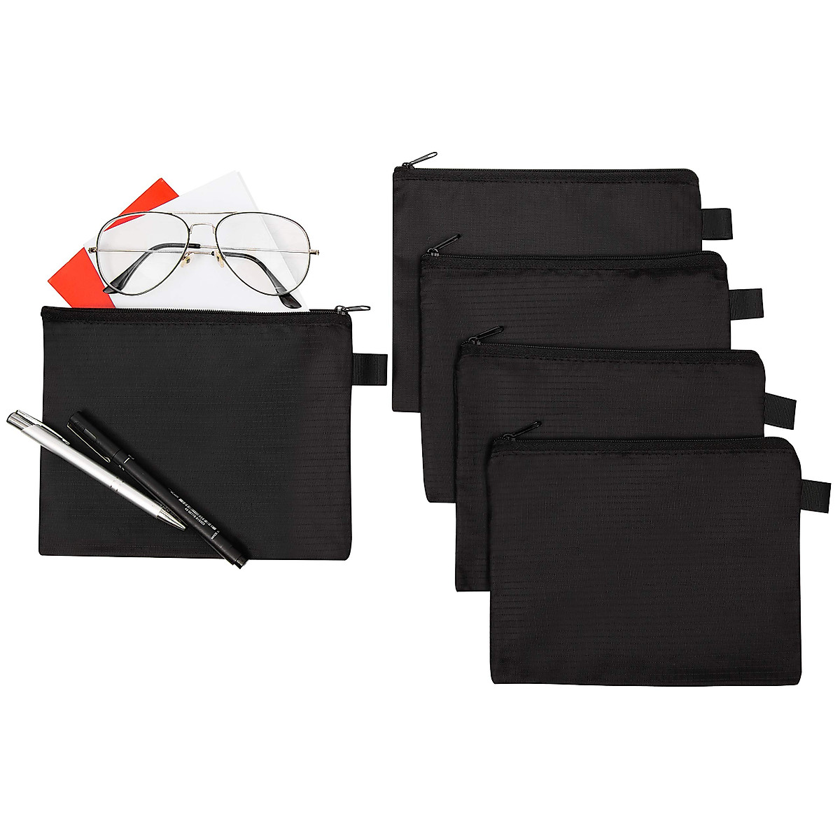 Zipper Bag - Set Of 5 - Carry All Pouch To Organize Travel Toiletries Pens Cosmetics (8 x 6, Black)