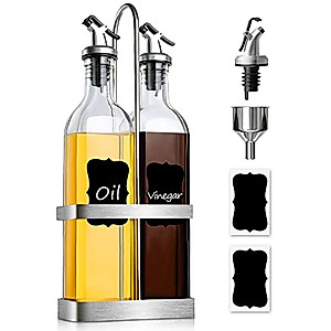 GMISUN Oil And Vinegar Dispenser Set- Comes With Stainless Steel Holder Rack, Clear Glass Olive Oil Dispenser Bottle For Kitchen, Cooking Oil & Vinegar Cruet Set, 2 Pack